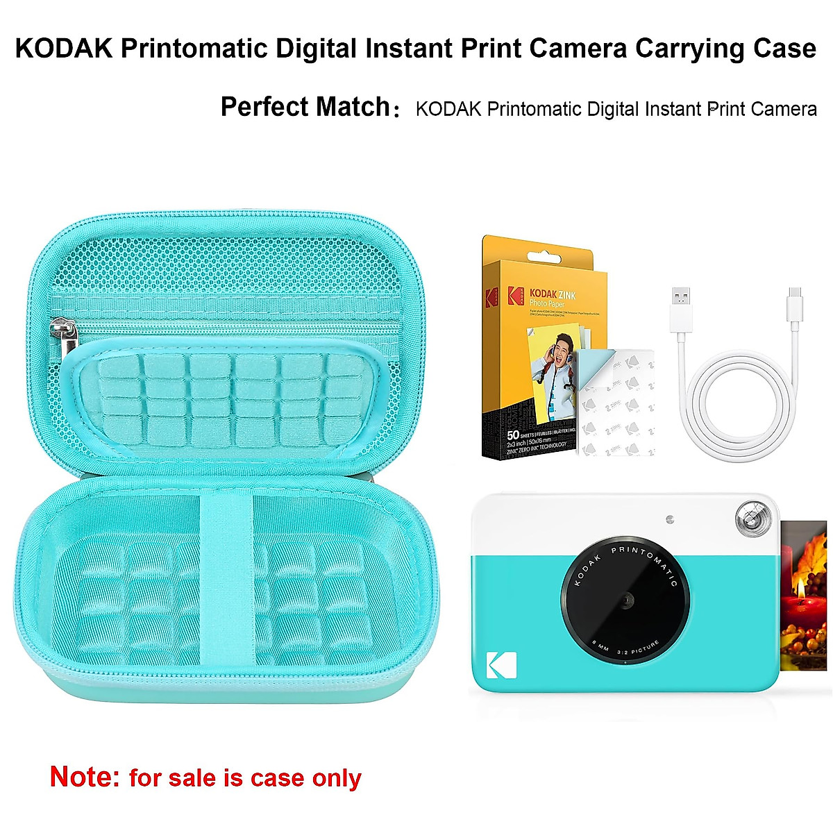 Elonbo Camera Carrying Case for KODAK Printomatic Digital Instant Print Camera, Portable Bluetooth Photo Printer Storage Holder Bag, ​Mesh Bag Fits Photo Paper,MicroSD Card,USB Cable, Green+Green
