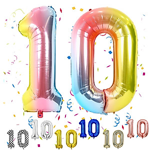 Rainbow Number 10 Balloons, 10th Birthday Balloon, 40inch Gradient 10 Balloon Numbers, Large Self Inflating Foil Balloon, 10th Birthday Decorations for Kids Birthday, 10 Anniversary Decorations