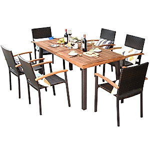 Tangkula 7-Piece Wicker Patio Dining Set, Patiojoy Outdoor Rattan Garden Yard Furniture Set, Acacia Wood Tabletop Dining Table with Umbrella Hole & 6 Stackable Rattan Chairs Set
