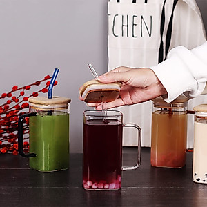 SAIOOL Glass Cups Set 4 Pack - 17oz Wide Mouth Mason Jar Drinking Glasses with Bamboo Lids & Straws and Square Color Handle Cup ,Beer, Iced Coffee, Ideal for Cocktail, Whiskey, Gift