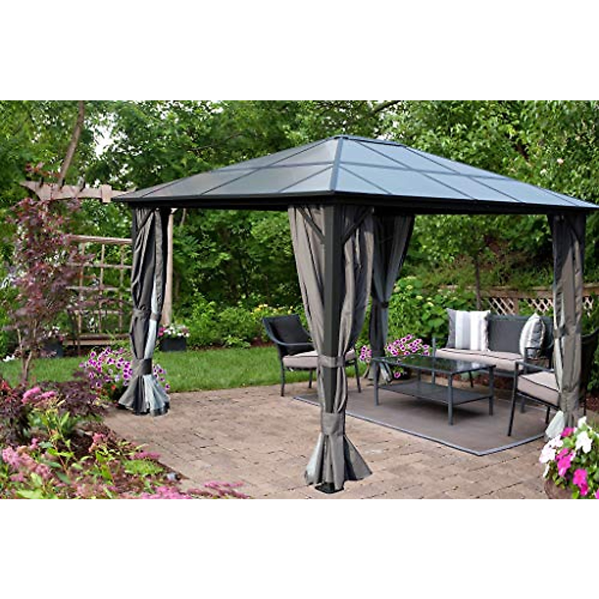 Kozyard Permanent Aluminum Hardtop Gazebo with Composite Polycarbonate Top for Outdoor Patio Lawn and Garden, Curtains and Netting Included (Edward 10ftx12ft)