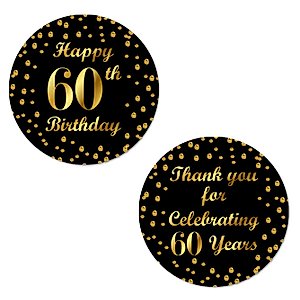 60th Birthday Round 2 Inch Big Glossy Stickers, Thank You for Celebrating 60 Years Black and Gold Labels, Great for Party Favors, Decorations, Tags, Gift Bags and Supplies. Made in USA