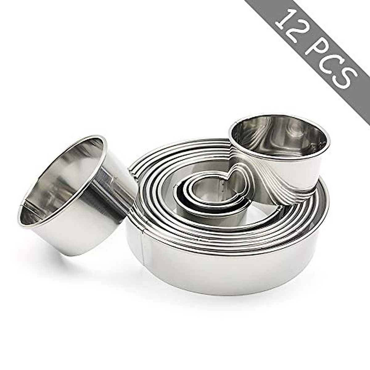 RIHAI Stainless Steel Round Cookie Cutter Set, 12 Circular Biscuit Cutters Round Donut Ring Molds for Baking 1.2 Inch Height