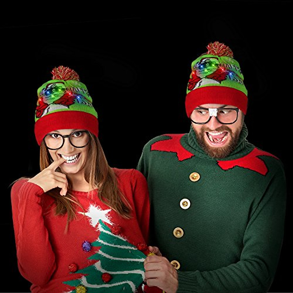 Windy City Novelties LED Light-up Knitted Ugly Sweater Holiday Xmas Christmas Beanies - 3 Flashing Modes (Happy Holla Days)