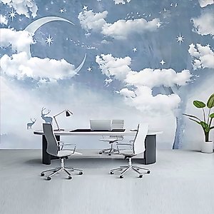 Big Tree Star Moon Elk 3D Wall Mural Wallpaper, Night Sky Photo Print Wallpaper, Panoramic Mural for Living Room Bedroom Study TV Background Decor - 59"x 39.4"(W x H)