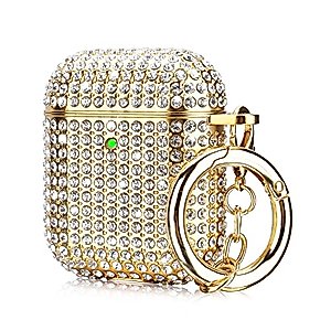 Case for Airpods 2/1, Filoto Bling Crystal PC AirPod 1st/2nd Generation Case Cover for Women Girls, Cute Air Pod Hard Protective Accessories with Lobster Clasp Keychain for Apple Airpods (Gold)
