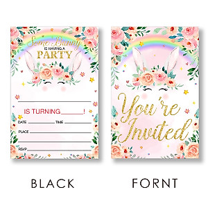 EUDOSI Rainbow Bunny Birthday Party Invitations Supplies Fill-In Set of 20 with Envelopes Floral Bunny Birthday Invites Cards, Double Sided