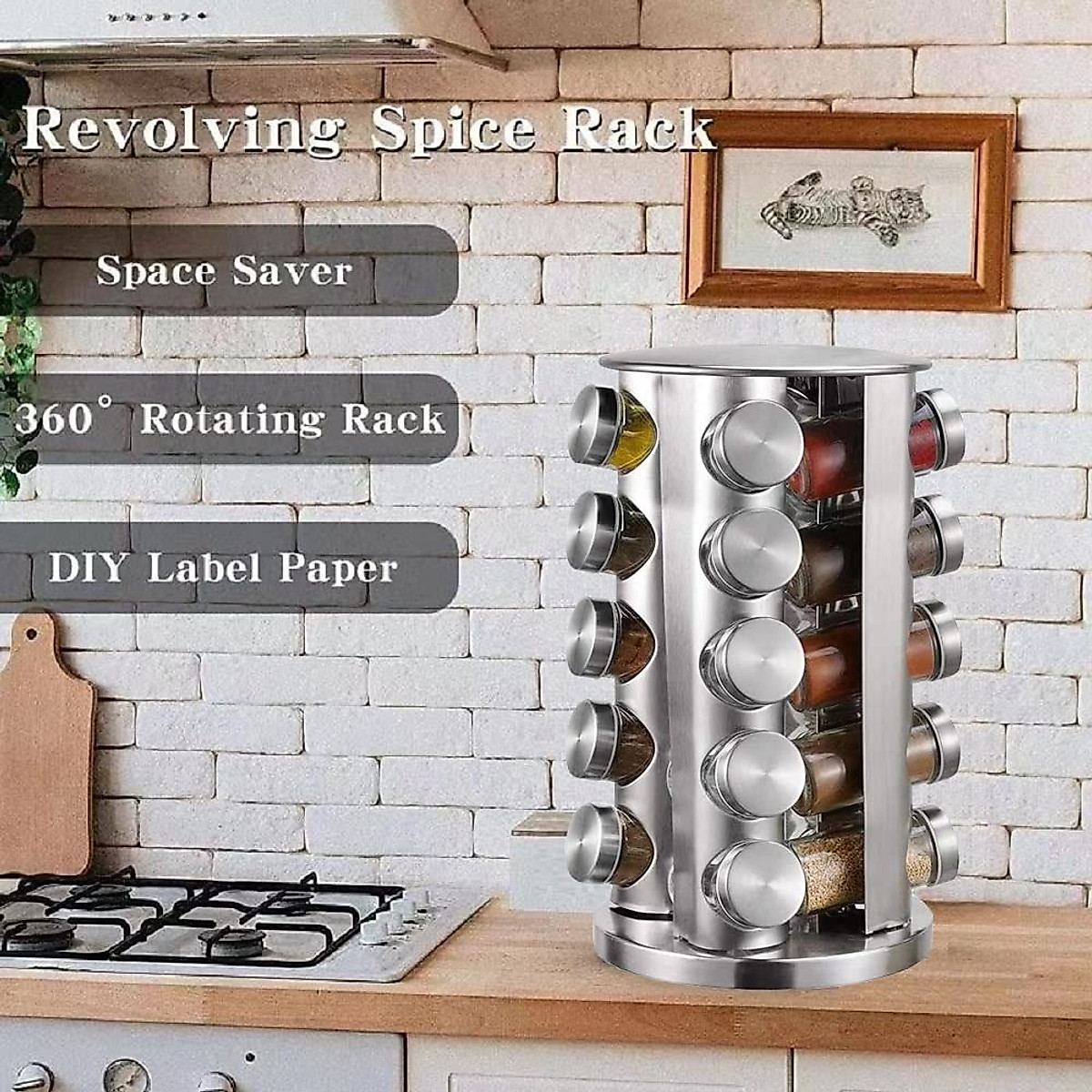 Revolving Spice Rack Organizer Countertop, Spinning Herb and Spice Storage Rack Tower Organizer with 20 Empty Jars, Rotating Spice Holder Shelf Seasoning Rack Shelf, Spice Seasoning Bottle Organizer