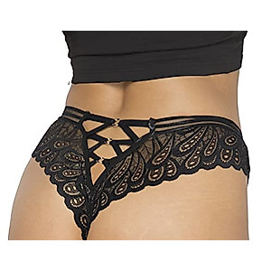 Sofishie Triple Crisscross Rings V-Back Floral Lace Panties - Black - Large