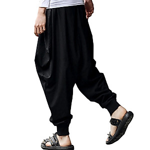 ONTTNO Men's Harem Pants Loose Stretchy Waist Casual Hippie Trousers (Black)