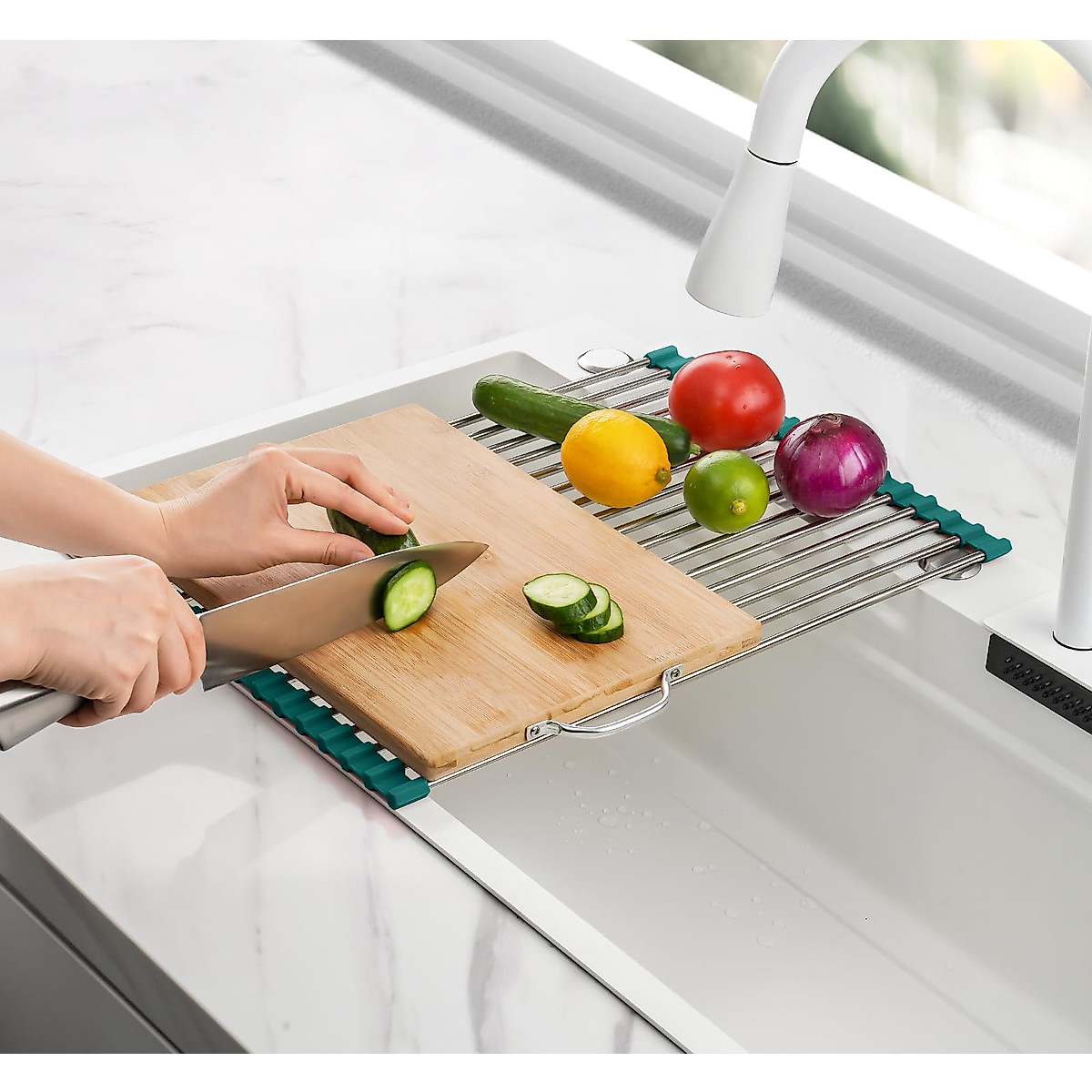 Tomorotec Stainless Steel Roll Up Dish Drying Rack, Foldable Over The Sink Rolling Drainer Rack, Multipurpose Kitchen Gadget Draining Caddy Organizer, Space Saving Sink Accessory Storage Shelf Holder