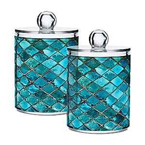 Turquoise Glass Mosaic Qtip Holder Dispenser Teal Geometric Bathroom Canister Storage Organization 2 Pack Clear Plastic Apothecary Jars with Lids Vanity Makeup Organizer For Cotton Ball Swab Floss