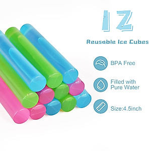 12 Pack Reusable Ice Cubes for Drinks, Quick Freeze Reusable Water Bottle Ice Stick BPA Free, Washable Plastic Ice Cubes for Whiskey, Wine, Coffee (Multicolor)