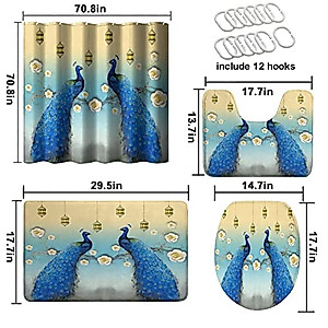 Zmcongz Peacock Shower Curtain Set with Rugs for Bathroom Decor Retro Style Blue Feather Birds Lanterns Flower Bathroom Decor Bath Curtain with Rugs Toilet Lid Cover Bath Mat, 72x72 Inch