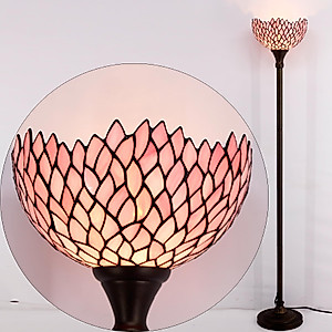 WERFACTORY Tiffany Floor Lamp Pink Stained Glass Wisteria Light 12X12X66 Inches Pole Torchiere Standing Corner Torch Uplight Decor Bedroom Living Room Home Office S523P Series