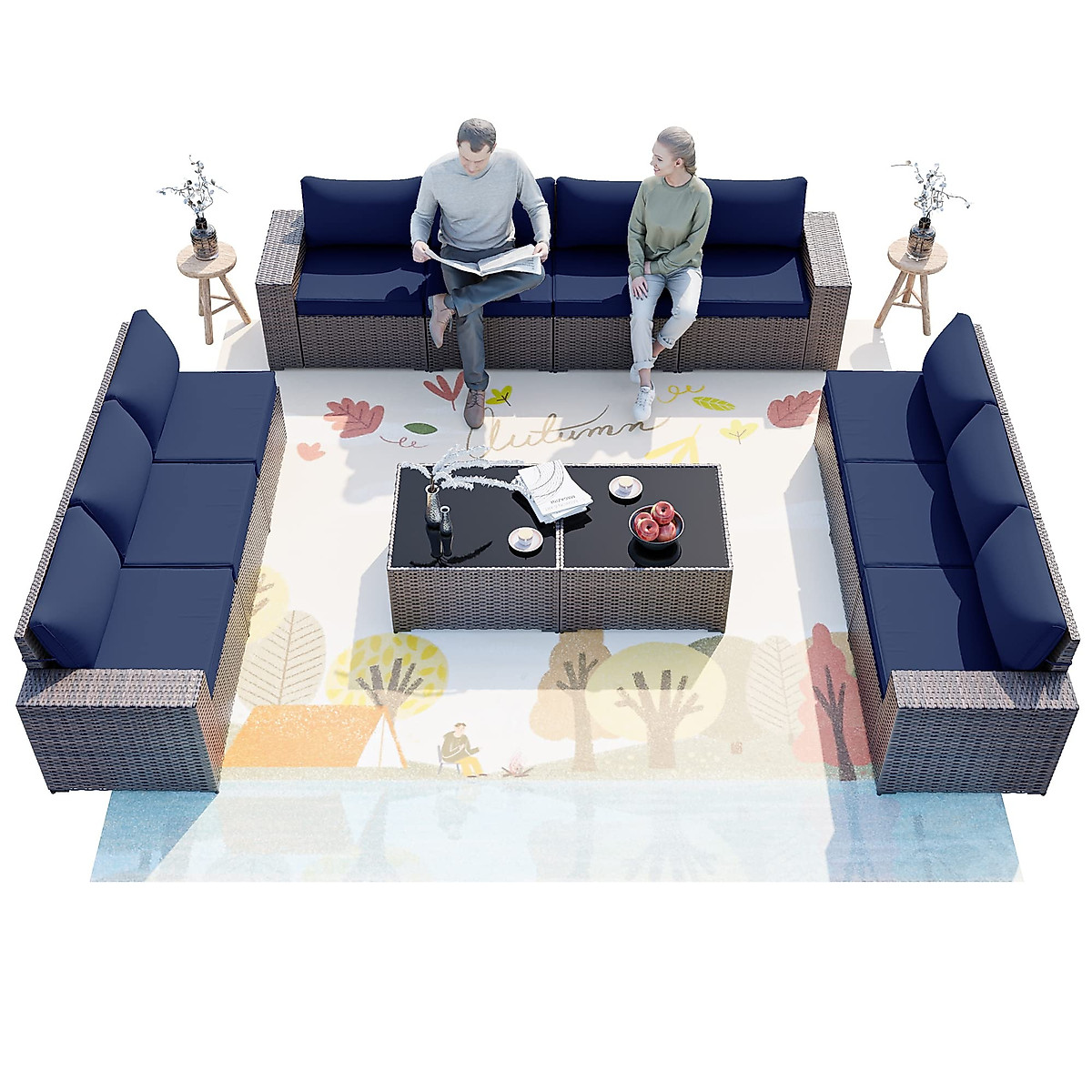 ALAULM 12 Pieces Outdoor Patio Furniture Set Sectional Sofa Sets Brown PE Rattan Patio Conversation Set w/10 Dark Blue Seat Cushions and 2 Coffee Tables