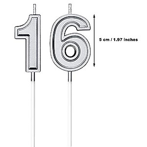 16th Birthday Candles Cake Numeral Candles Happy Birthday Cake Candles Topper Decoration for Birthday Wedding Anniversary Celebration Supplies (Silver)