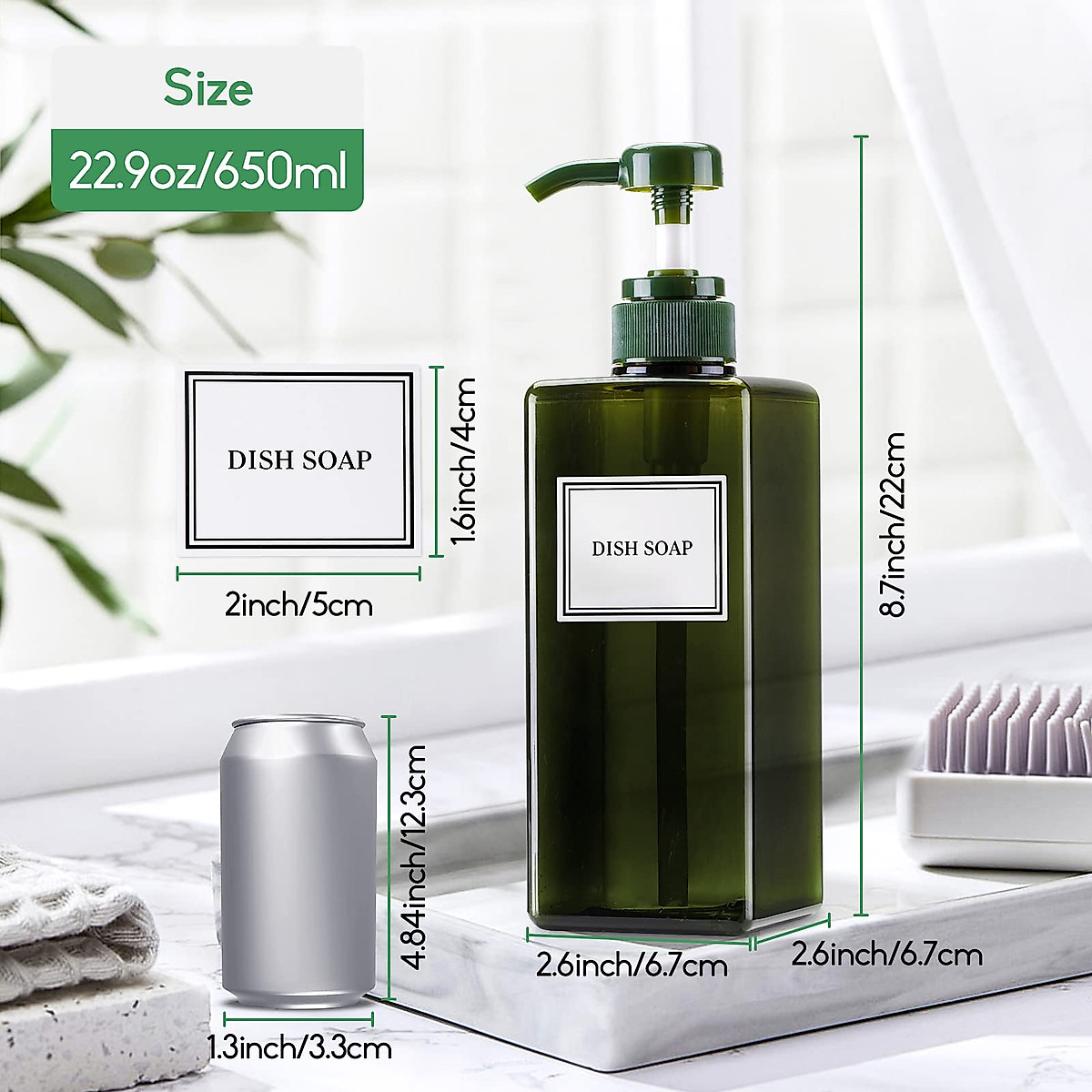 22oz Soap Dispenser for Bathroom, INSFIT Refillable Plastic Pump Bottles, Dish Soap Dispenser for Kitchen Sink, Hand Soap Dispenser, Laundry Detergent Dispenser with Waterproof Labels, 2 Pack Green