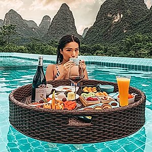 Rattan Serving Tray with Handles Stylish Farmhouse Decor Tray for Coffee Table,Tylish Breakfast Tray on The Water,for Pool Serving Drinks,Brunch,Food On The Water (Color : Brown, Size : 80cm)