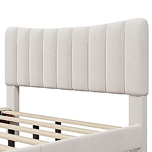 Modern Queen Size Upholstered Bed Frame with Vertical Channel Tufted Headboard, Linen Bed Frame Queen Platform Bed for Bedroom Guest Room w/Solid Wood Slat Support, No Box Spring Needed (Cream, Queen)