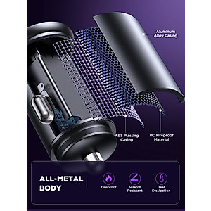 Car Charger，JOYROOM 4.8A Car Phone Charger All Metal, Mini Cigarette Lighter USB Charger with Type C Coiled Cable for iPhone 15 Pro, Dual USB Car Charger Adapter Fast Charge for iPhone/Samsung/Android