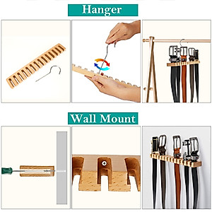 Belt Hanger for Closet, 2 in 1 Wooden Wall Mount 14 Belt Organizer w/Through-The-Wall Nails, Belt Rack w/ 360° Swivel Hook, Tie and Belt Organizer Display for Closet, Door, Wall, 1 Pack, Natrual
