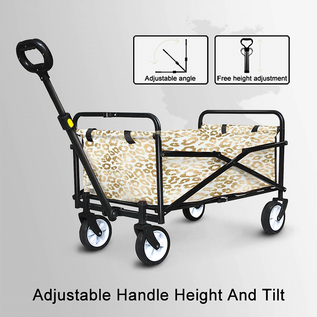 Outdoor Collapsible Wagon Fashion Seamless Gold Leopard Fur Texture Animal Skin Print White Camping Shopping Garden Cart Heavy Duty Wagon Adjustable Portable Utility Folding Wagon with Wheels