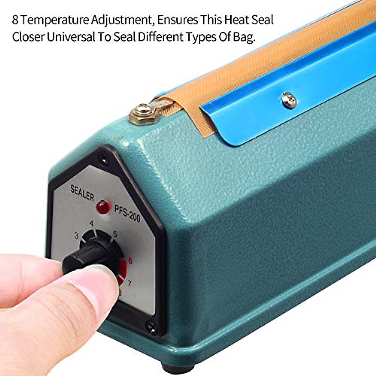 8 inch 200mm Impulse Bag Sealer, Manual Bag Sealer Heat Seal Closer, Adjustable Timer Electric Heat Seal Closer Packaging Sealer with 2 Free Replacement Kit, Blue