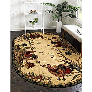 Unique Loom Barnyard Collection French Country Inspired Cottage Rooster Design Area Rug (3' 3 x 5' 3 Oval, Ivory/Olive)