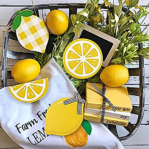 Lemon Tiered Tray Block Decor Summer Farmhouse Wooden Pieces Lemonade Yellow Buffalo Plaid Farmhouse 3D Stand Rustic Kitchen Decoration Signs Summer Gift Ideas Set of 4