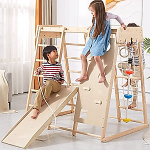 Giant bean Large Size Indoor Playground Jungle Gym for 2-10yrs Kids,Toddlers Climber Toys 9-in-1 with Slide, Rock Climb Wall, Monkey Bars, Wood & Rope Ladder, Climbing Rope & Wall and Gymnastic Ring