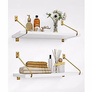 Godimerhea White Floating Shelves for Wall, Set of 2 Wall Mounted Hanging Wood Shelf with Gold Brackets, Modern Luxury Decorative Organizers Storage Shelves for Bathroom, Living Room, Bedroom