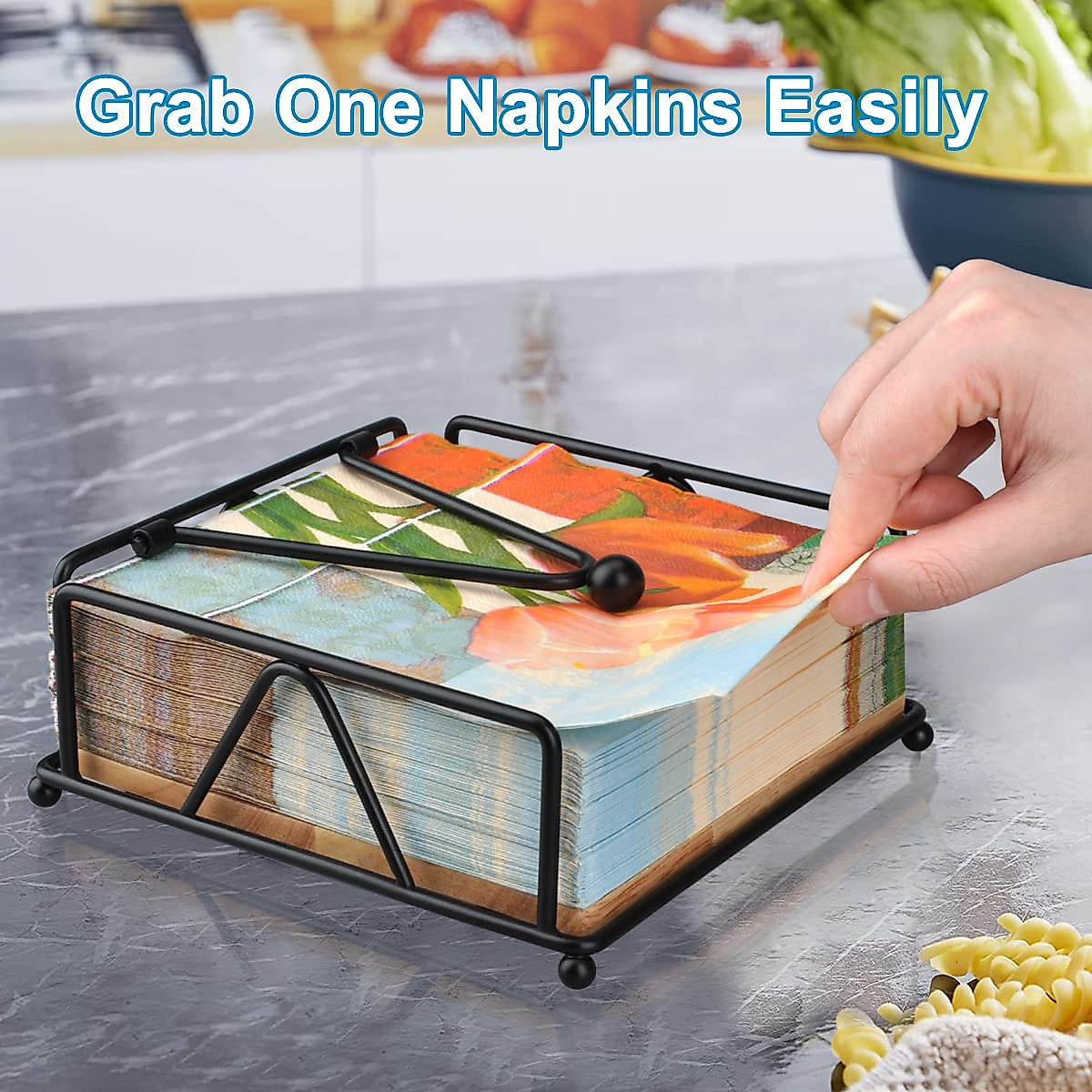MOLEDINO Flat Napkin Holder for Kitchen Dining Table, Metal Black Napkin Holder with Weighted Arm Modern Sturdy Cast Iron Cocktail Bar Luncheon Beverage Napkin Holder Wooden Base Outdoor Picnic Party