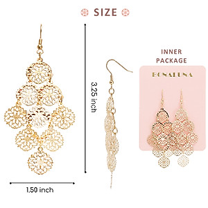 Boho Geometric Filigree Rhombus Shape Tiered Dangle Drop Statement Earrings (SHINE GOLD)