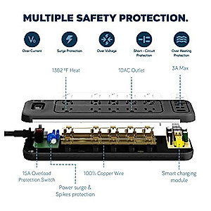 Power Strip Surge Protector USB-C and 10 AC Outlets, 3 USB and 1 USB C, Fast Charging Ports, Black, Flat Plug 6 ft Extension Cord, 2100 J 1875 Watts, 15A, Outlet Extender, ETL, BENTRONIC.