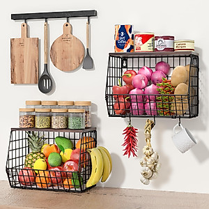 2 Tier Fruit Bowl Fruit Basket for Kitchen Counter Stackable Wall Mounted Hanging Basket Wire Baskets with Wood Lid with 4 Banana Hanger Hooks, Onion Basket, Fruit and Vegetable Storage