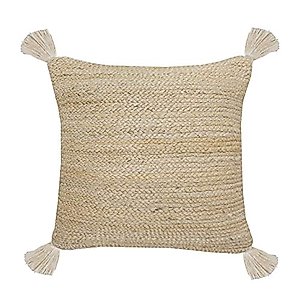 LR Home Natural Jute Tassels Throw Pillow, 1 Count (Pack of 1), Tan