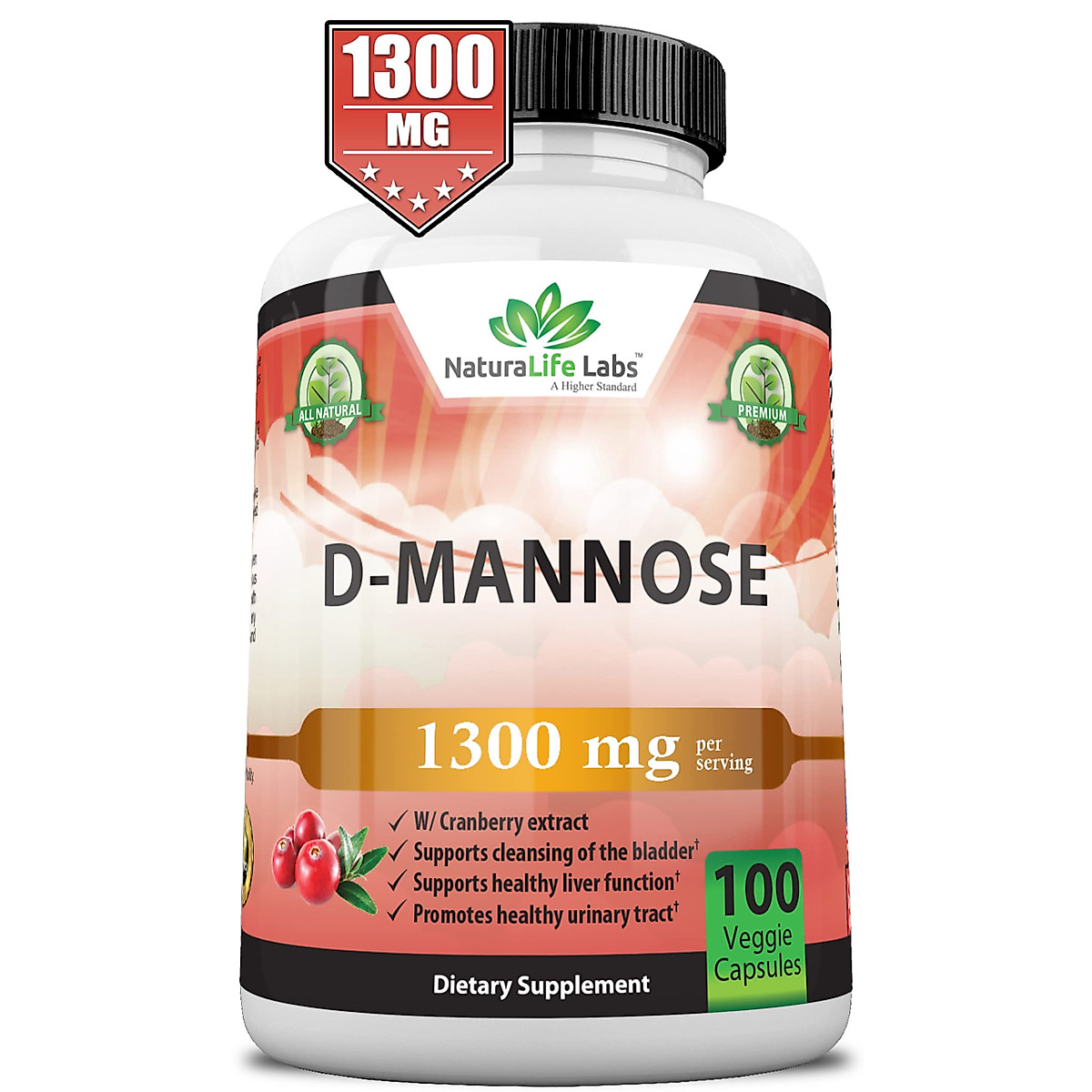 D-Mannose 1,300 mg with Cranberry Extract Fast-Acting, Flush Impurities, Natural Urinary Tract Health- 100 Veggie Capsules