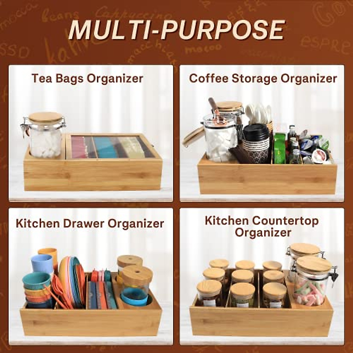GNILLKO Coffee Storage Organizer with 2 PCS Coffee Canister, Wooden Coffee Bar Accessories Storage Container For Countertop, Farmhouse K Cup Coffee Pod Holder Basket For Coffee Lover