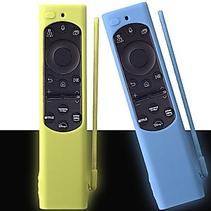 Compatible with Samsung Smart TV Remote 2022 BN59 Remote with Solar Panels Silicone Cover, Anti-Fall Shockproof Silicone Protective case with Lanyard（Luminous Green+Luminous Blue）
