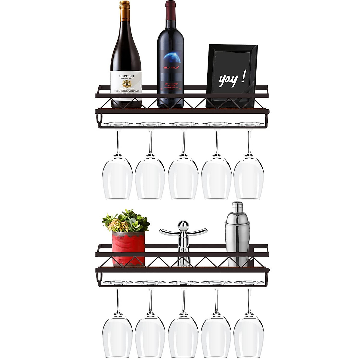 Wine Rack Wall Mounted, Bextcok 2-Pack Wine Glass Rack Wall Mounted Floating Wine Shelf with Glass Holder Champagne Display Storage Rack Wood Rustic for Kitchen Dining Room Bar Decoration, Bronze