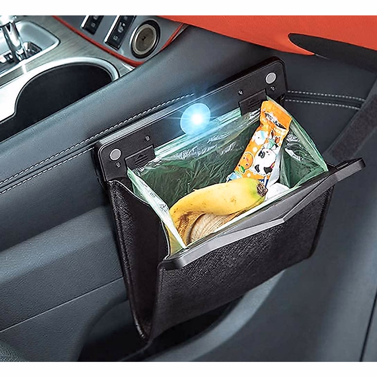 CREOMG Car Trash Bag, Superior PU Leather with LED Light and Magnet Closure Design, Bundle with Tissue Box and 30 Disposable Inner Garbage Bags, Waterproof Vehicle Rubbish Container Garbage Can