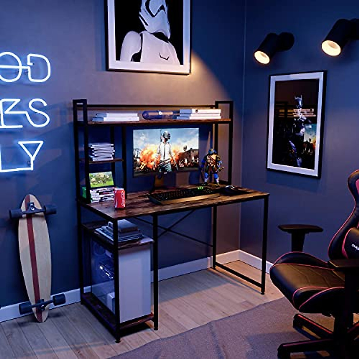 Nost & Host Computer Desk with Hutch & Bookshelf, Home Office Working Table with Hutch & 2 Tier Adjustable Shelves, Sturdy Wooden Desk for Study Gaming, Easy Assemble, 47.2 inches, Rustic Brown