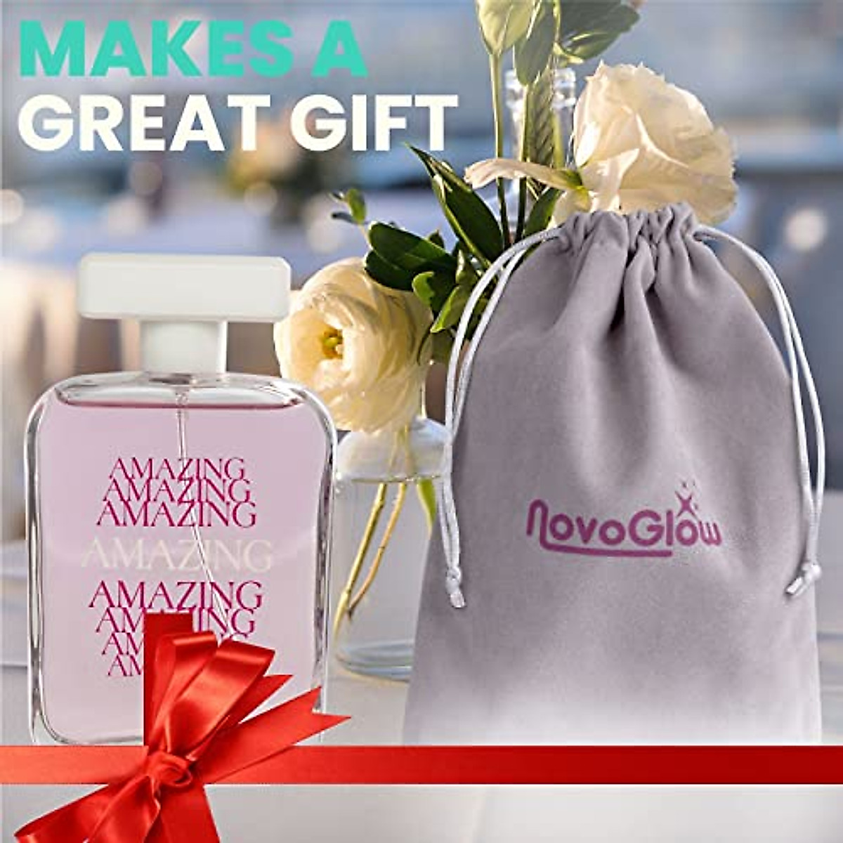 NovoGlow Amazing Eau De Parfum Spray Perfume, Impression of Incredible by VS, Fragrance For Women - Daywear, Casual Daily Cologne Set with Deluxe Suede Pouch- 3.4 Oz Bottle- Ideal EDP Beauty Gift