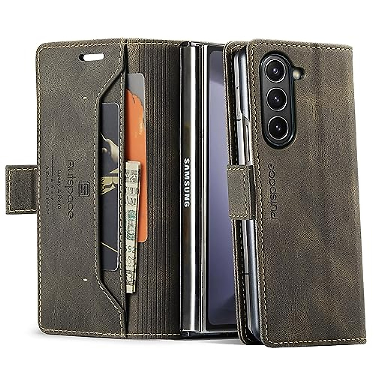 HAII Case for Samsung Galaxy Z Fold 5,PU Leather Folio Flip Wallet Case with Card Holster Kickstand Magnetic Closure Shockproof Phone Cover for Samsung Galaxy Z Fold 5 2023 Coffee