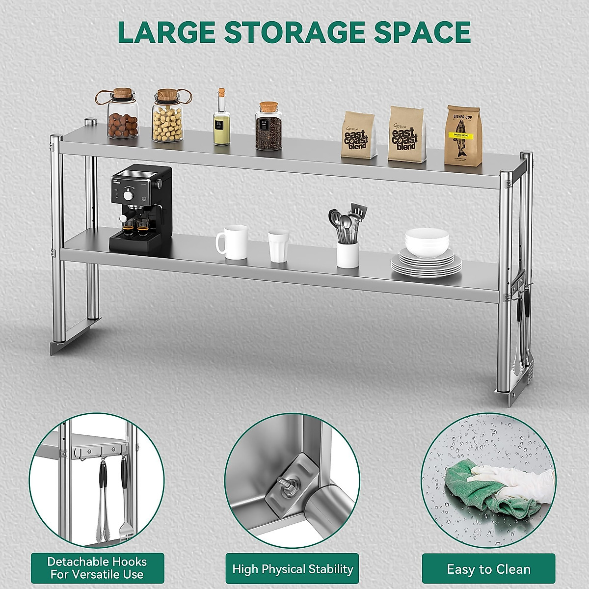 YITAHOME 60" x 12" Stainless Steel Overshelf, 2 Tier Overshelf with Hook, Adjustable Commercial Double Overshelf for Kitchen Prep Table Restaurant and Workshop