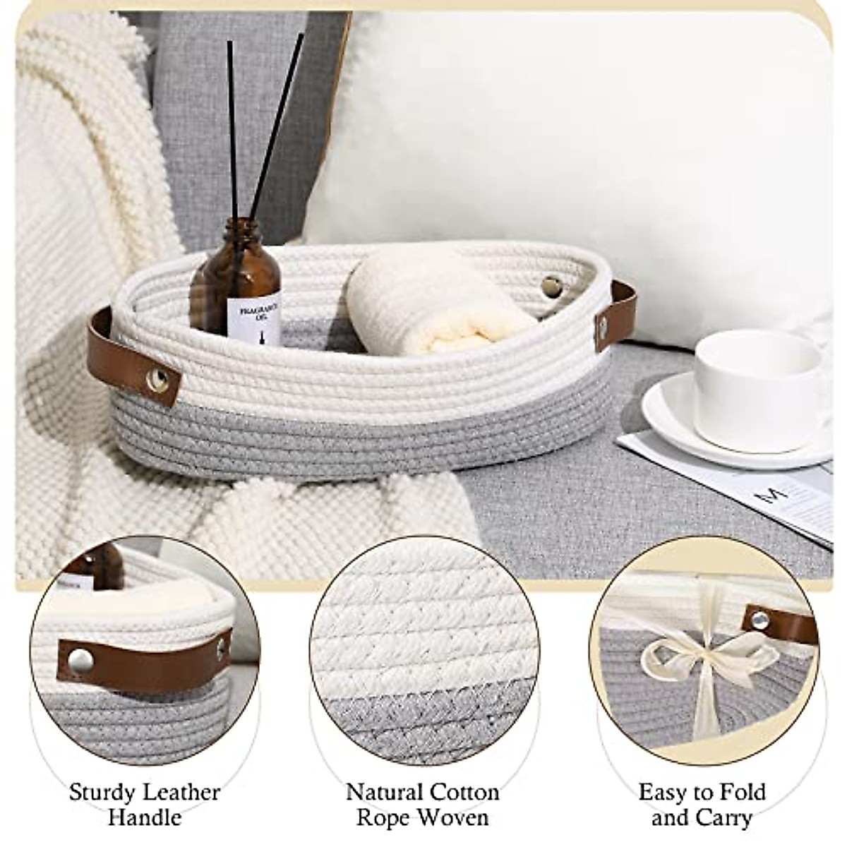 Lewondr Woven Storage Basket with Leather Handles, Small Cotton Rope Basket for Toilet Tank Top, Farmhouse Decor Basket for Bathroom Bedroom Laundry Countertop Storage Paper Towel Toy, White + Gray