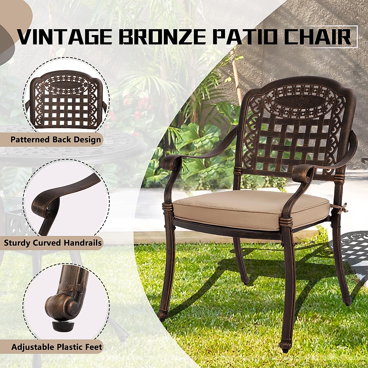MAGIC UNION 2 Pieces Patio Dining Chairs, Outdoor Cast Aluminum Chairs with Armrest, Patio Bistro Chair Set of 2 for Garden, Backyard, Deck (2pcs A- Grid Chair with Khaki Cushion)