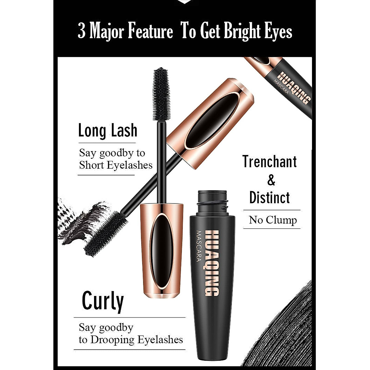 3 Pack HuaQing 5D Voluminous Fiber Mascara,Black Volume and Length Waterproof Smudge-proof Natural No Clumping Smudging Lasting All Day