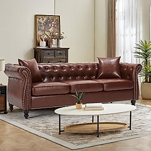 Chesterfield Sofa 83.4 " Faux Leather Couches with Gourd Wooden Legs, Deep Seat Comfy 3-Seater Upholstered Couch Button Nailhead Tufted Classic Couches for Living Room，Bedroom Easy to Assemble (Brown)